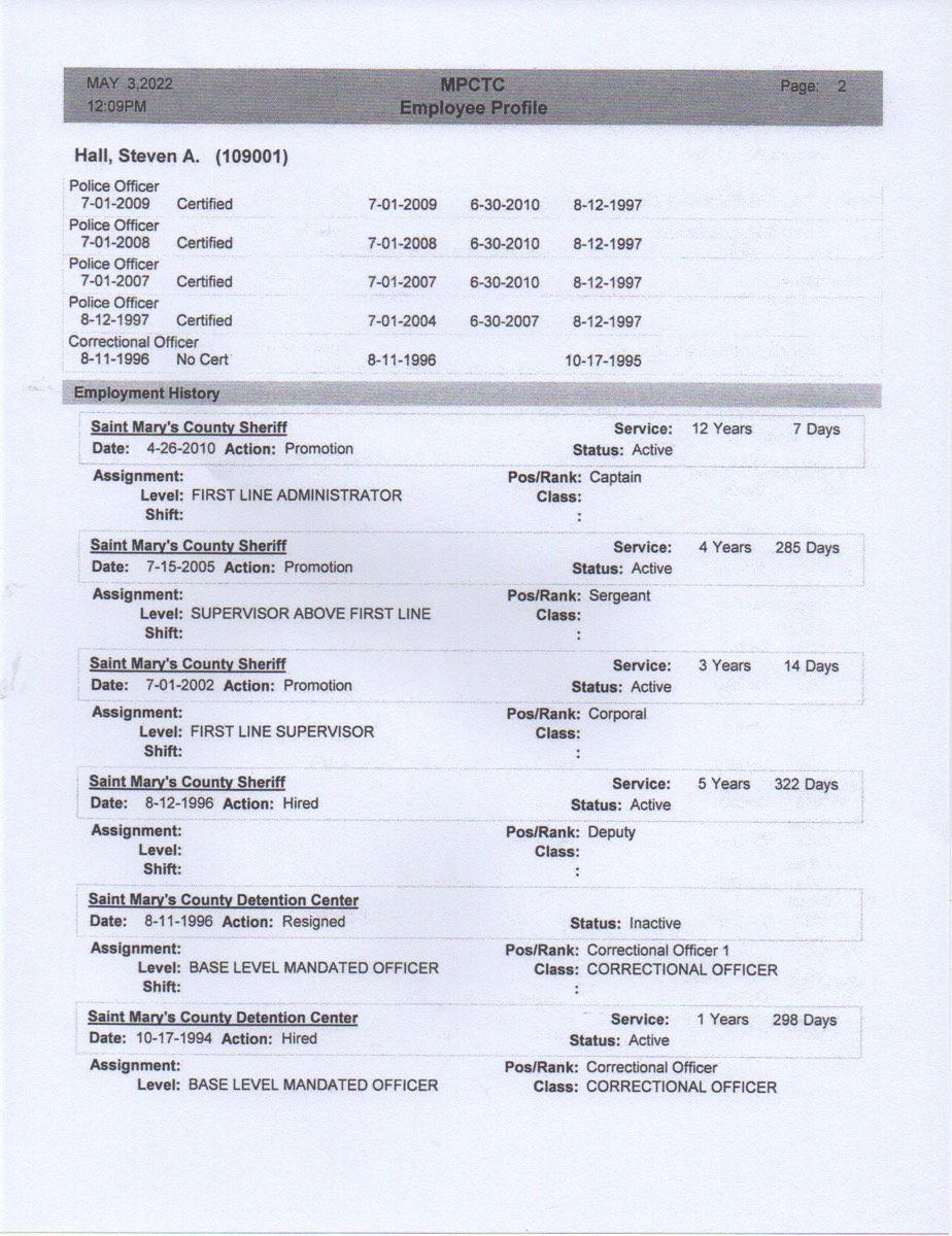 Steve Hall for St. Mary's County MD Sheriff - MPCTC files