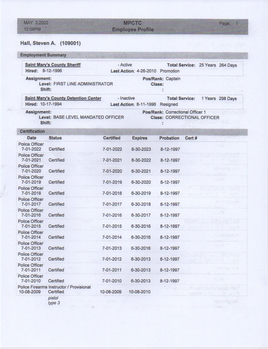 Steve Hall for St. Mary's County MD Sheriff - MPCTC files
